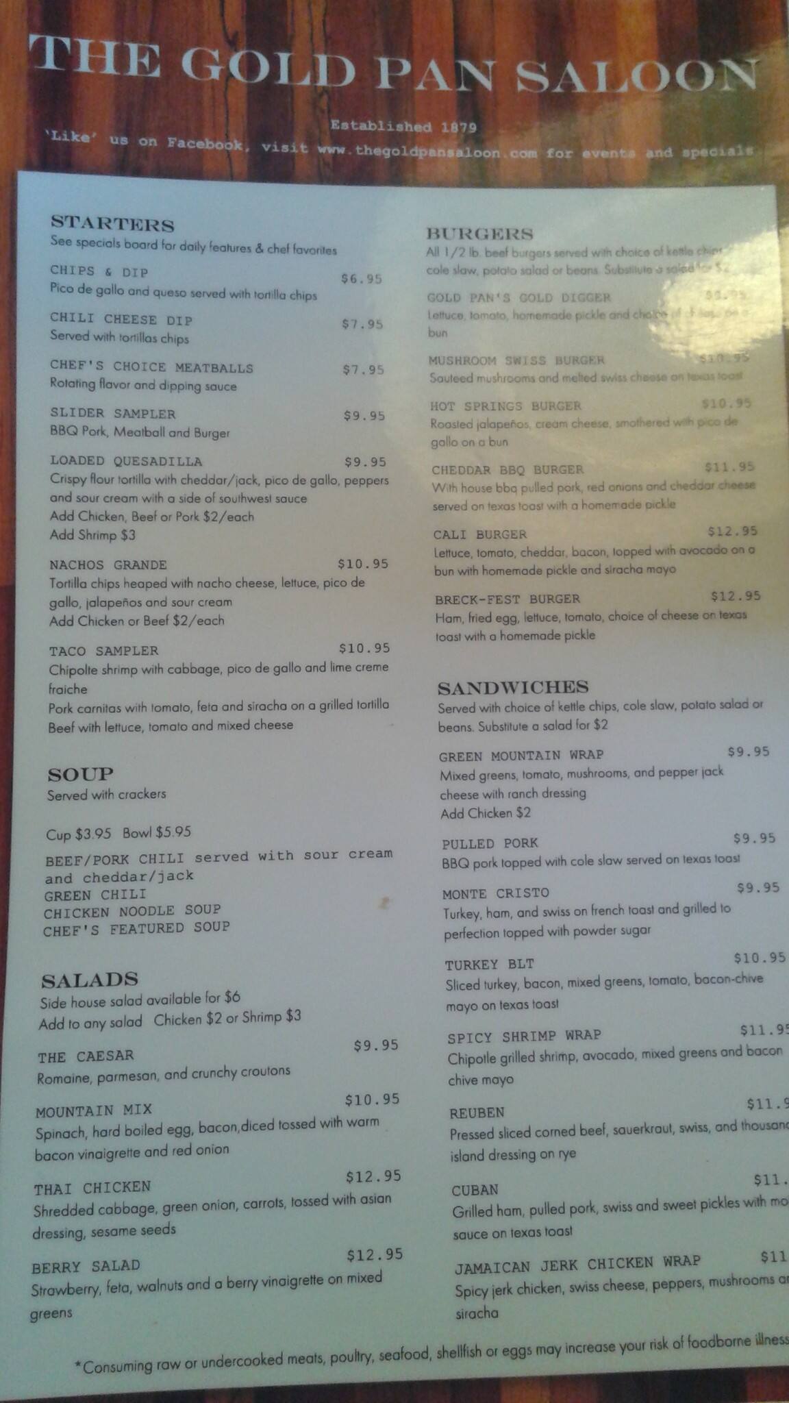 Menu at The Gold Pan Saloon pub & bar, Breckenridge