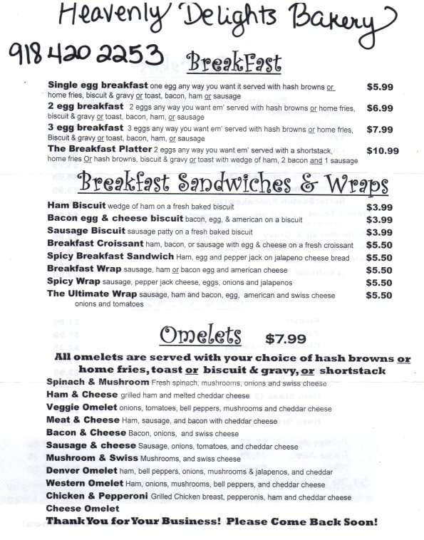 Menu at Heavenly Delights restaurant, McAlester