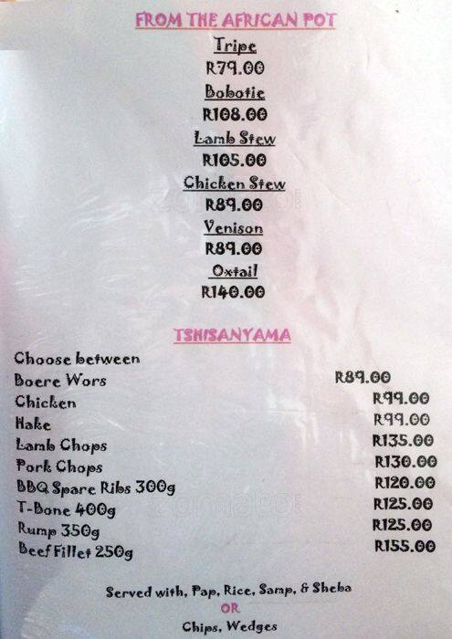 Menu at Gods Window Restaurant, Graskop