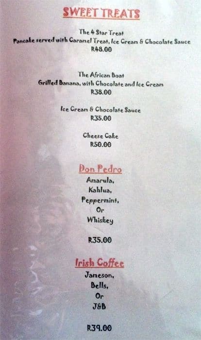 Menu at Gods Window Restaurant, Graskop