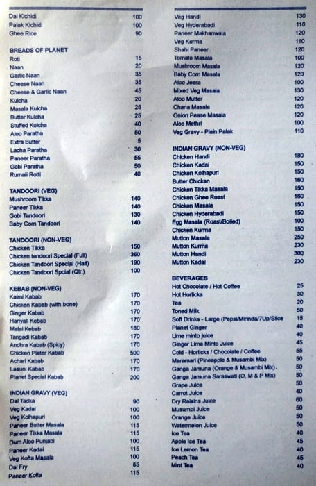 Menu of Planet Cafe, Shivalli, Manipal