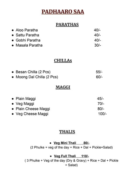 Menu at Padhaaro Saa, Bengaluru