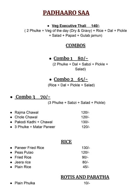 Menu at Padhaaro Saa, Bengaluru