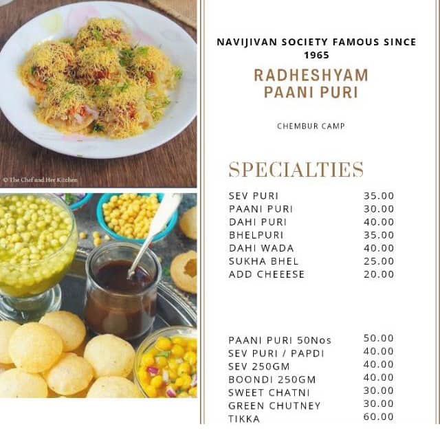 Menu of Radheyshyam Navjivan Pani Puri, Chembur, Mumbai