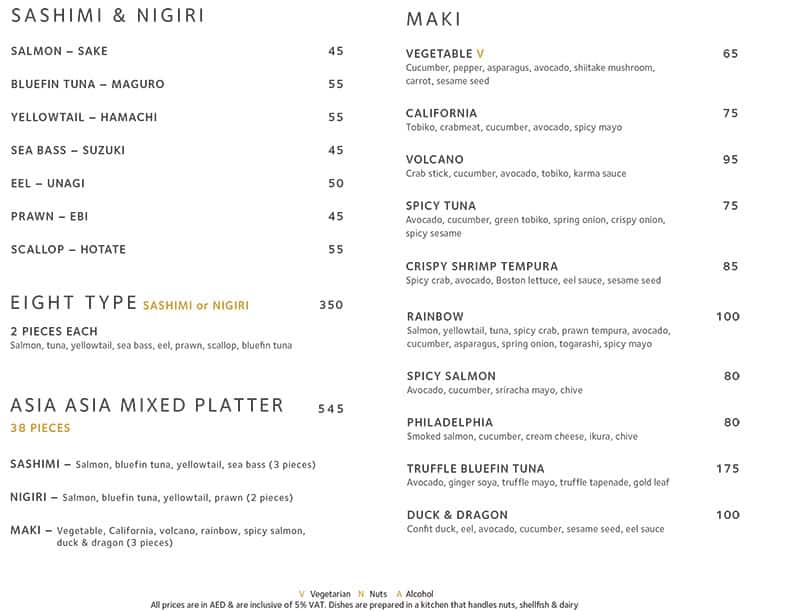 Menu of Asia Asia, Yas Island, Abu Dhabi