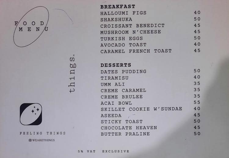 Menu of Things Speciality Coffee & Concept Store, Khalifa City, Abu Dhabi