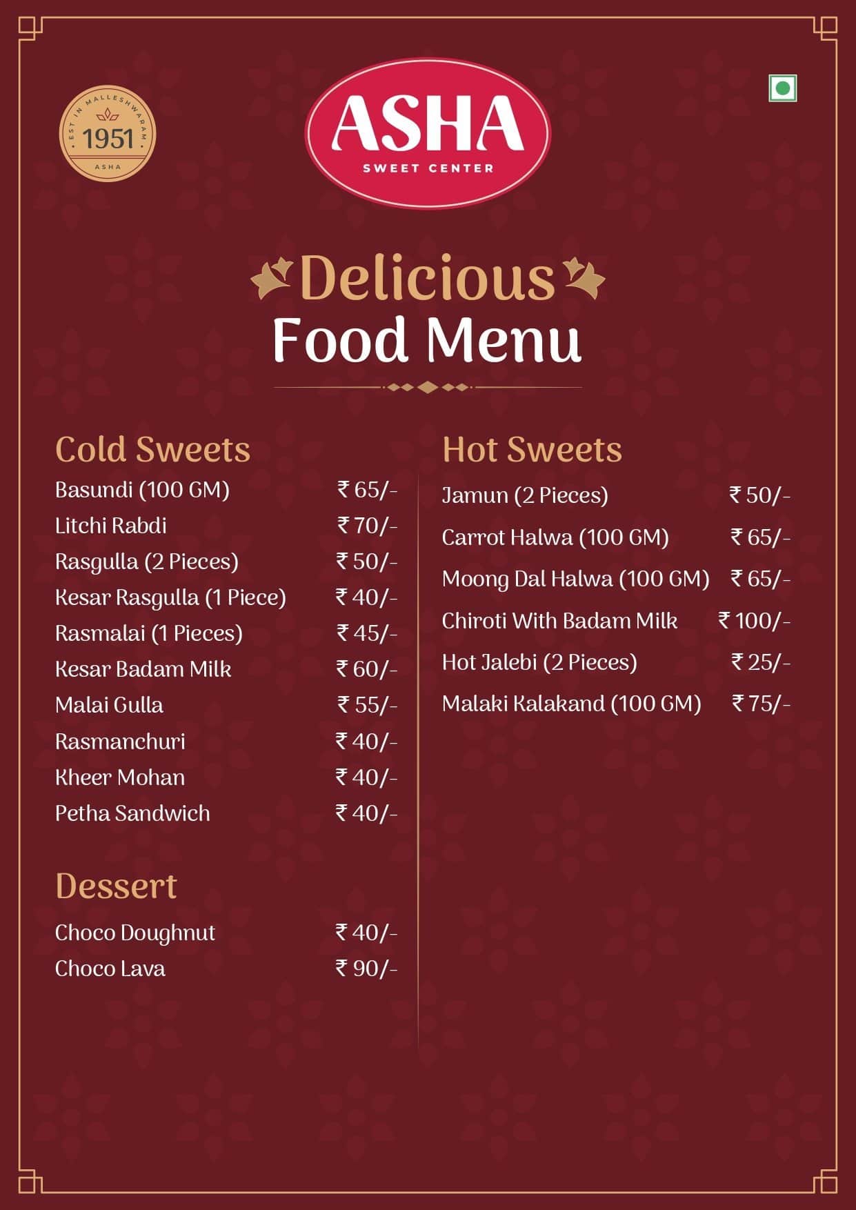 Menu of Asha Sweet Center - Since 1951, RT Nagar, Bangalore