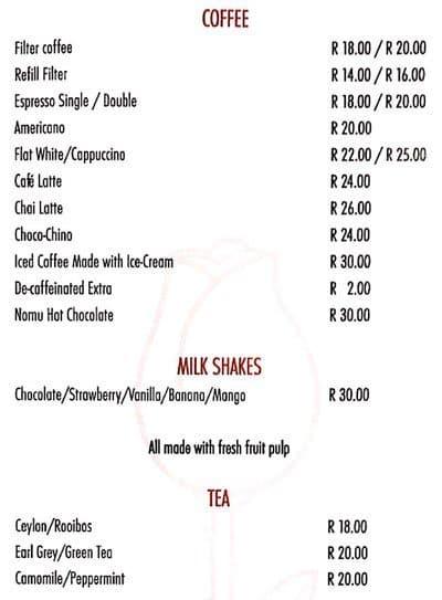 Menu au Chart Farm Coffee Shop café, Le Cap