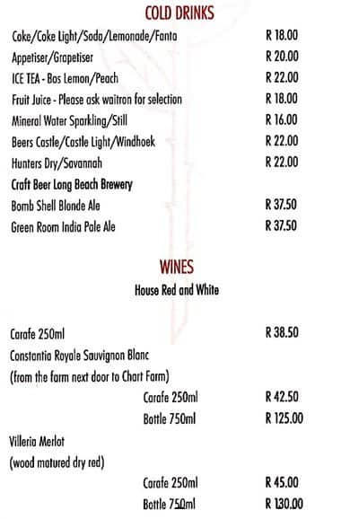 Menu at Chart Farm Roses and Coffee Shop restaurant, Cape Town