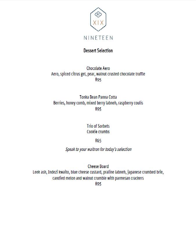 Speisekarte von Nineteen - Steyn City restaurant, Randburg
