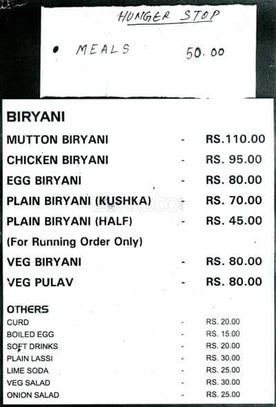 Menu at Hunger Stop, Chennai, 35/9