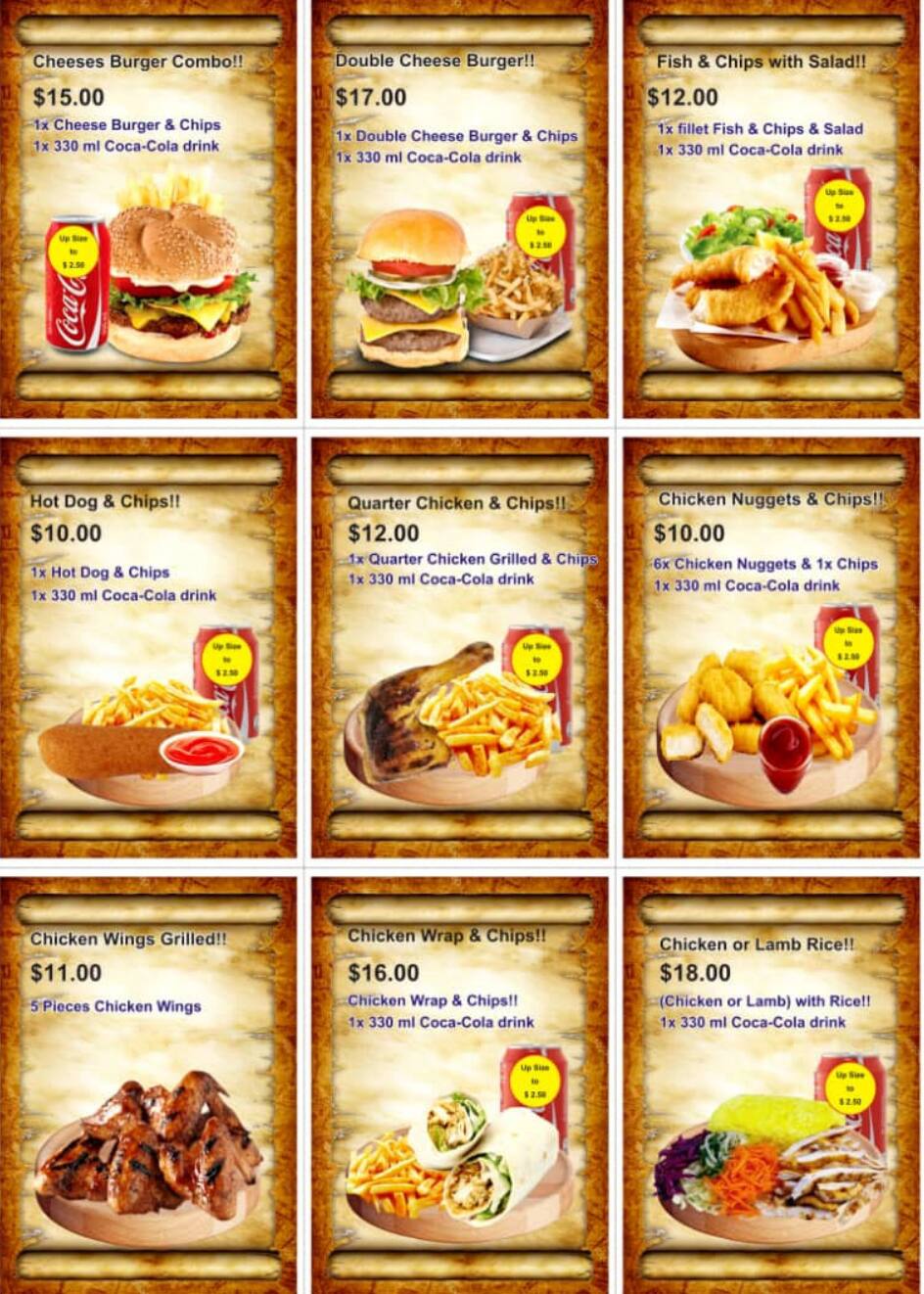 Menu at Flame Burger, Auckland