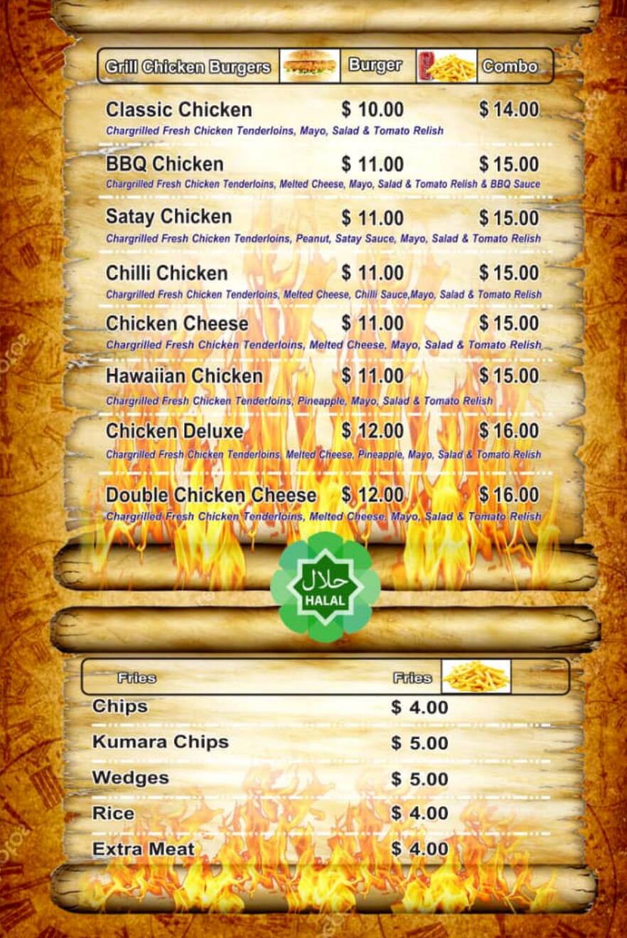 Menu at Flame Burger, Auckland