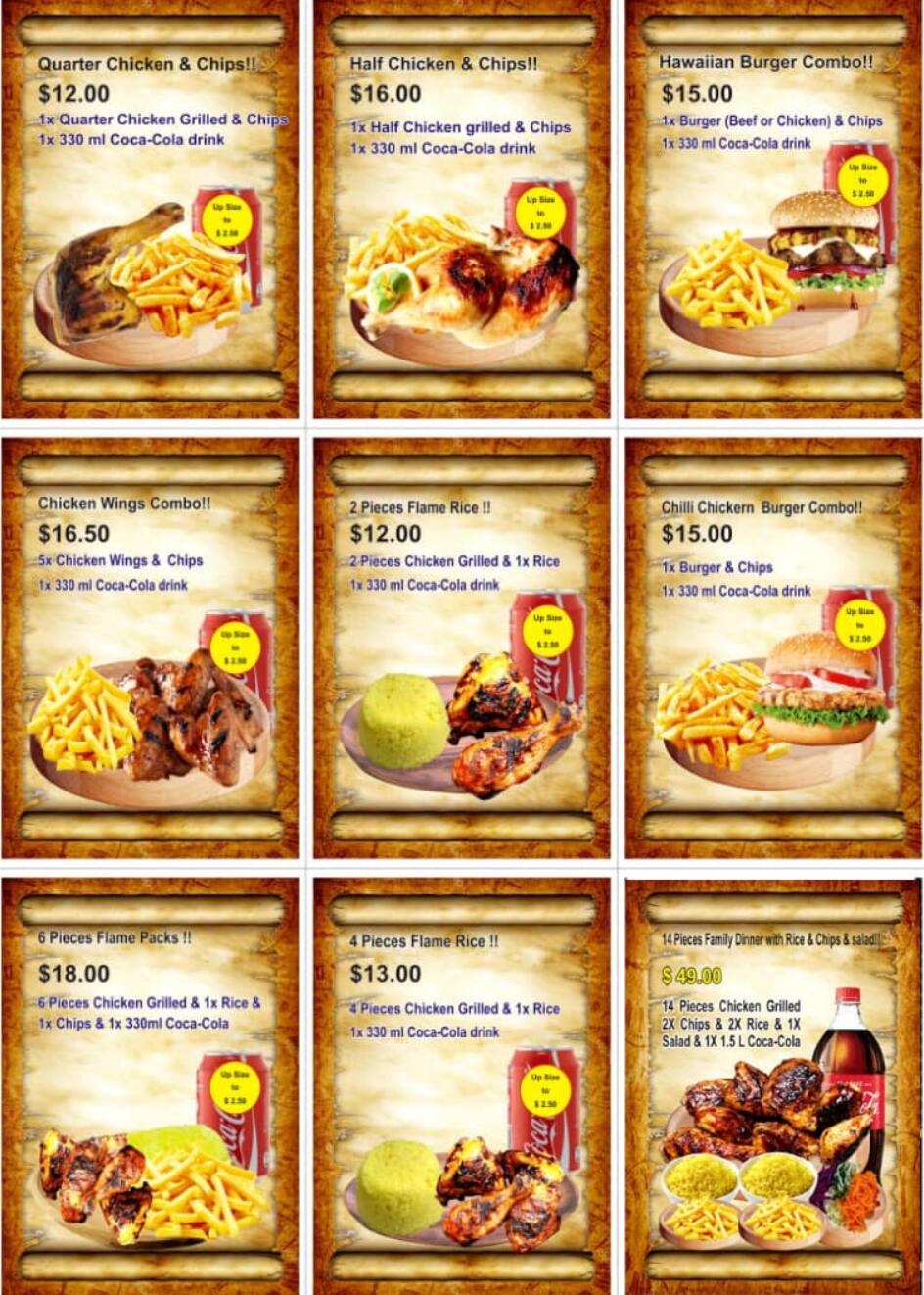 Menu at Flame Burger, Auckland