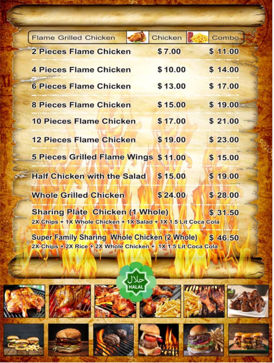 Menu at Flame Burger, Auckland