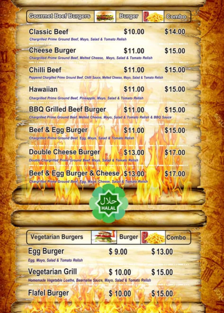 Menu at Flame Burger, Auckland