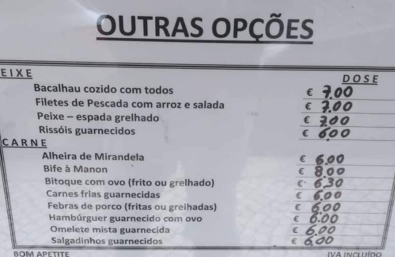 Menu at Pastelaria Manon restaurant, Lisbon