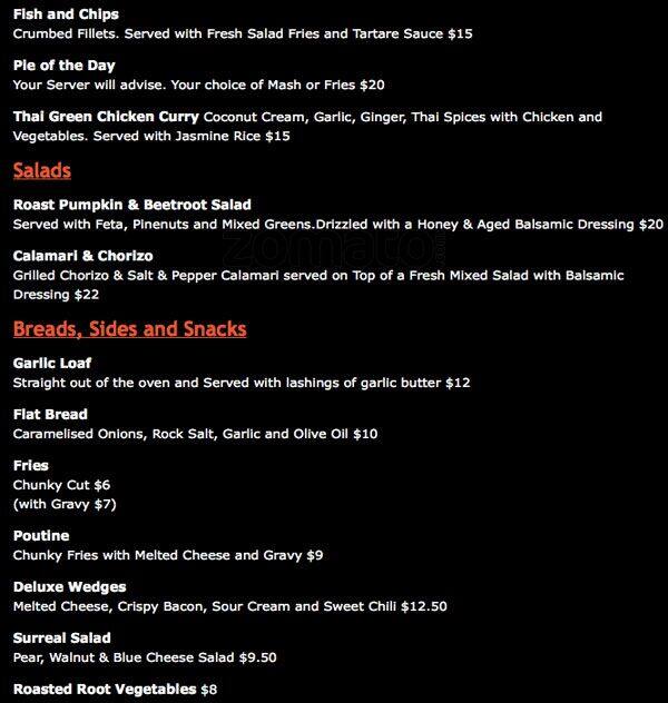 Menu at Surreal pub & bar, Queenstown