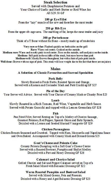 Menu at Surreal pub & bar, Queenstown