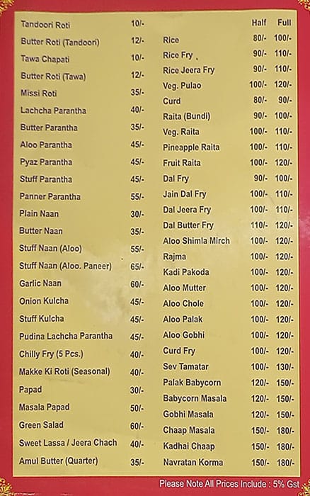 Menu of Hotel Mini Mahal, Chitrakoot, Jaipur