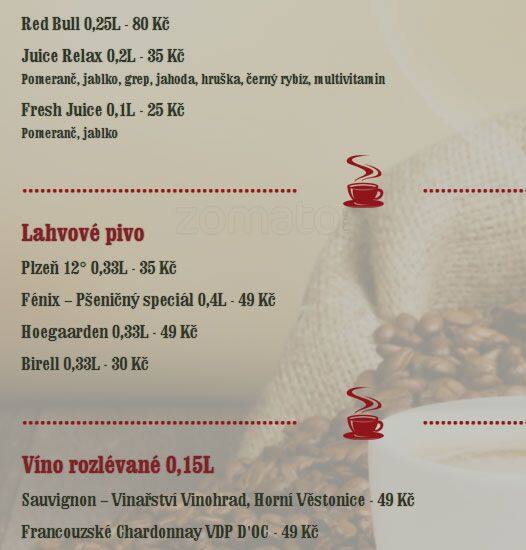 Menu at Avion Street Café cafe, Prague