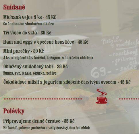 Menu at Avion Street Café cafe, Prague
