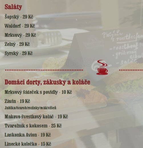 Menu at Avion Street Café cafe, Prague