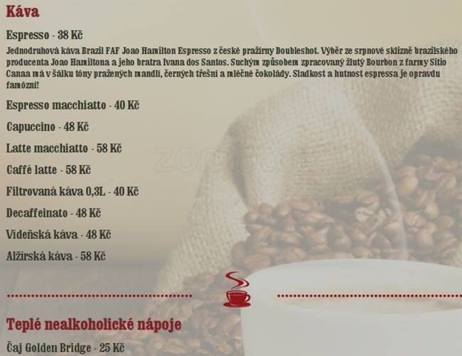 Menu at Avion Street Café cafe, Prague