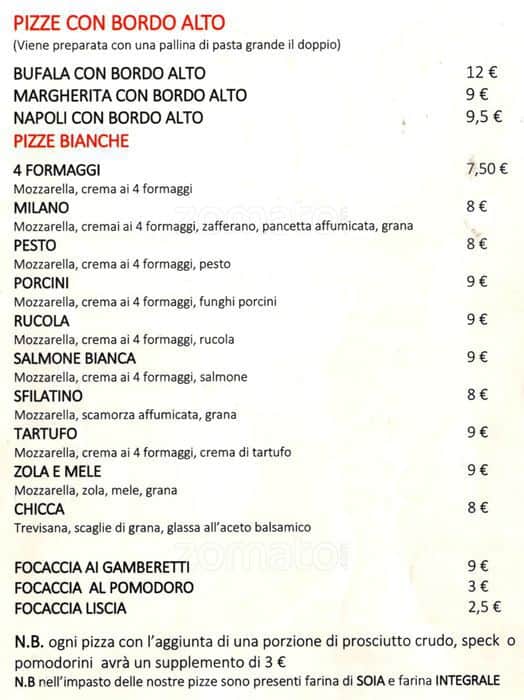 Menu da Vecchia Napoli pizzeria, Milano