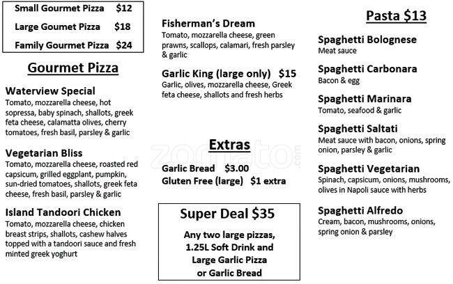 Menu at Waterview Pizza pizzeria, San Remo