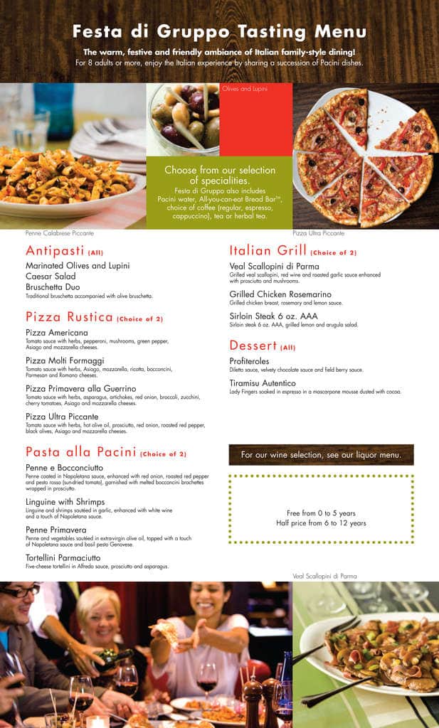 Menu au Pacini restaurant, Calgary, 123 Freeport Blvd NE