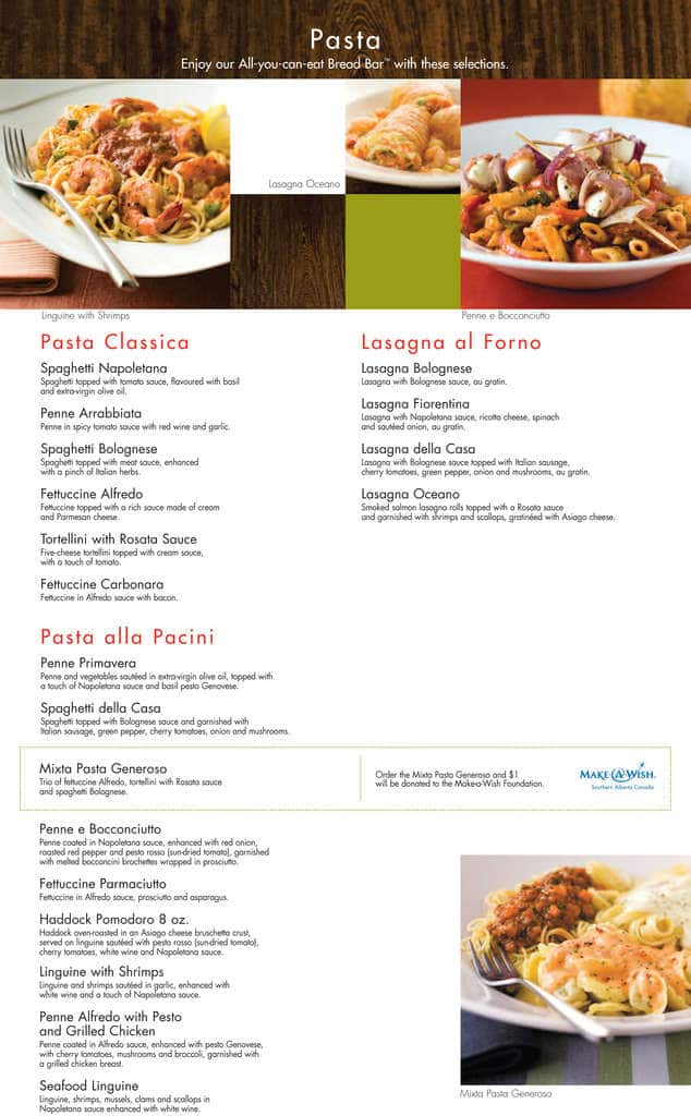 Menu au Pacini restaurant, Calgary, 123 Freeport Blvd NE