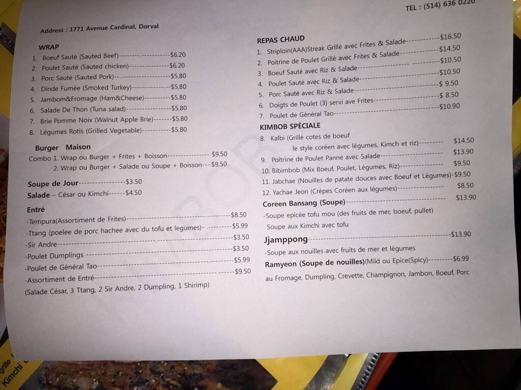 Menu at Kimbob Cafe, Dorval