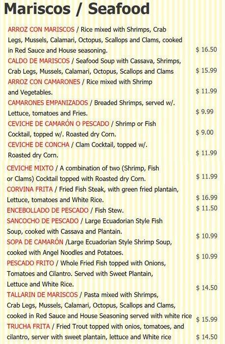 Menu at Restaurant Ecuador, Chicago, W Diversey Ave