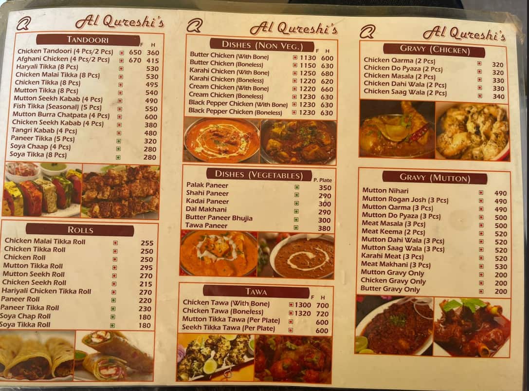 Menu of Al Qureshi's, Alaknanda, New Delhi