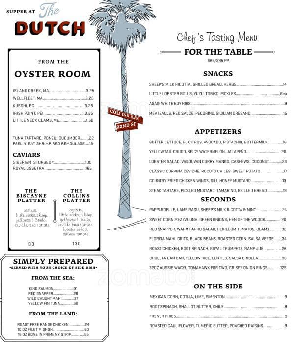 Menu at The Dutch restaurant, Miami Beach
