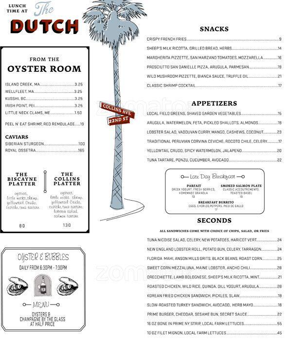 Menu at The Dutch restaurant, Miami Beach
