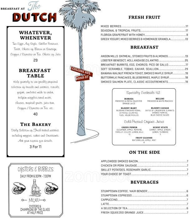 Menu at The Dutch restaurant, Miami Beach