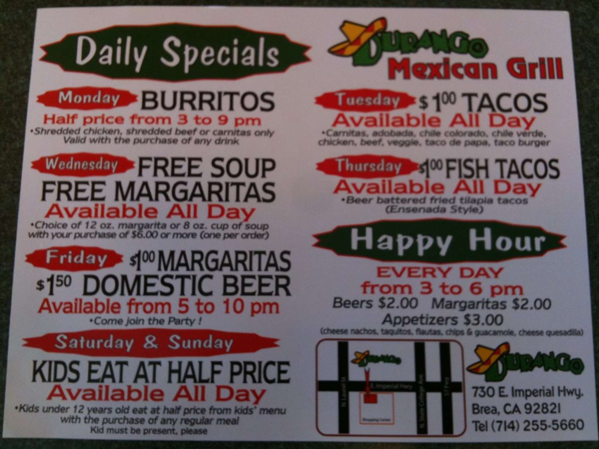 Menu at Durango Mexican Grill restaurant, Brea, 730 E. Imperial Hwy.