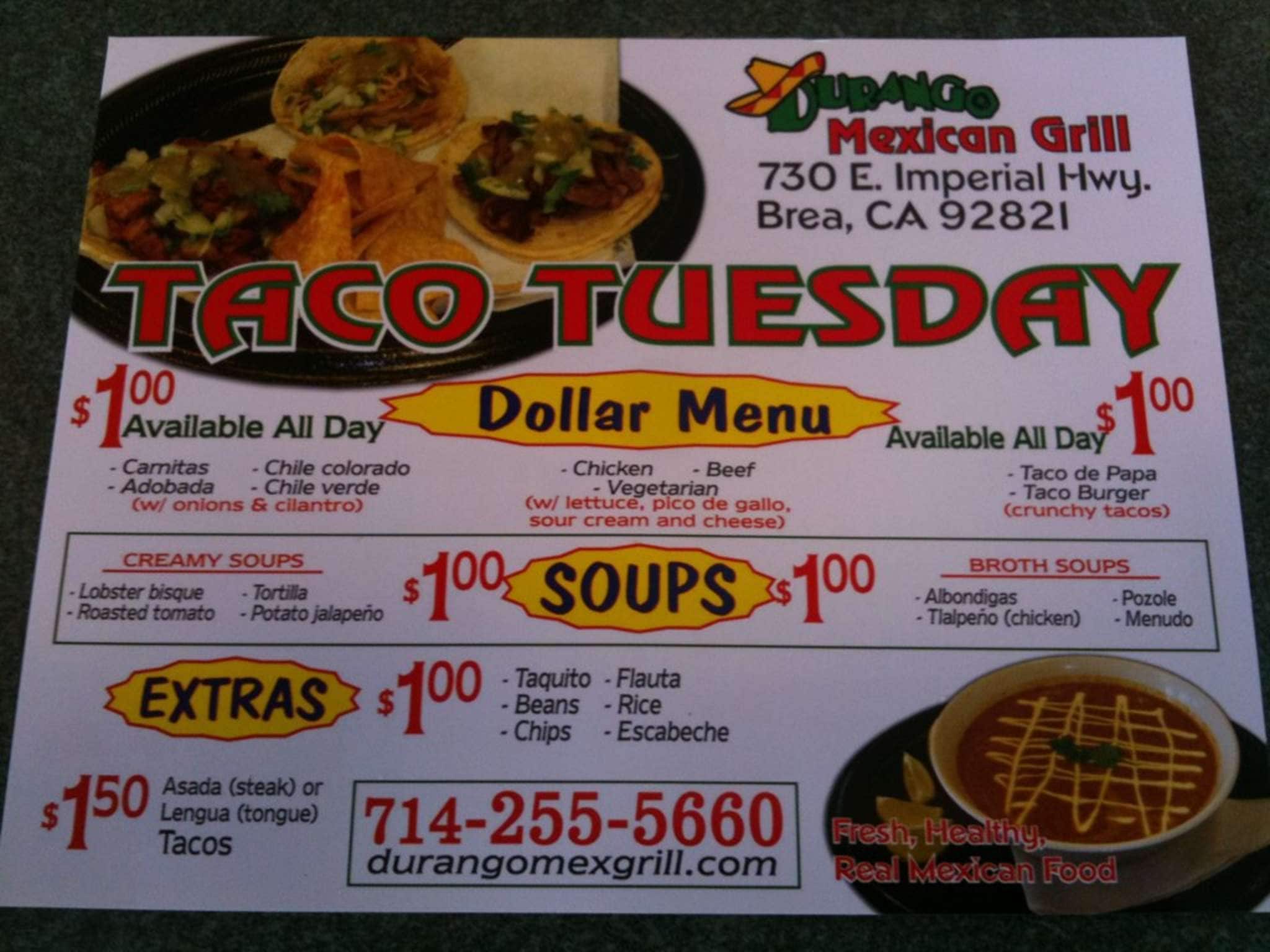 Menu at Durango Mexican Grill restaurant, Brea, 730 E. Imperial Hwy.