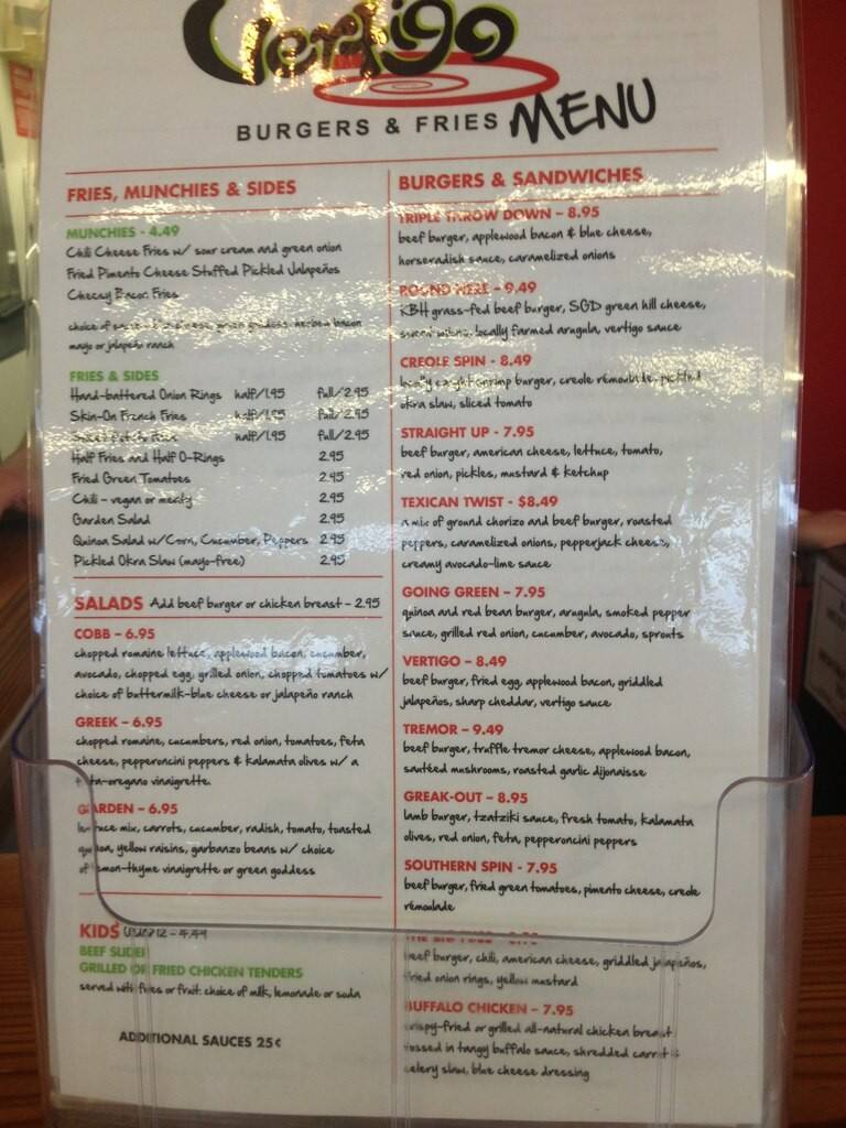 Menu at Vertigo Burgers And Fries restaurant, Tallahassee