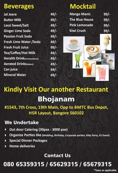 Menu at Blue House, Bengaluru