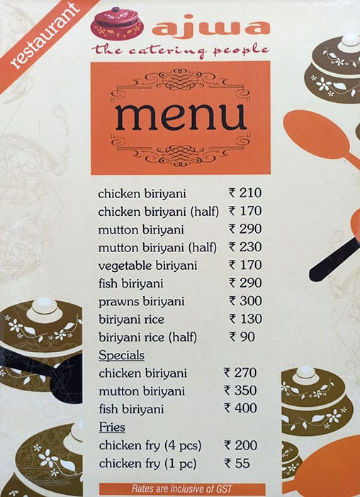 Menu of Ajwa Restaurant, Thycaud, Trivandrum