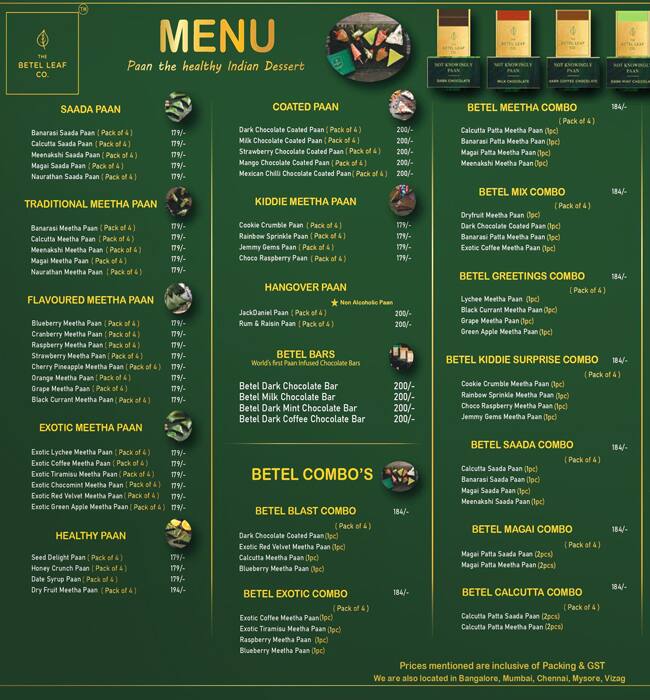 Menu at The Betel Leaf Co - Vasanth Nagar, Bengaluru