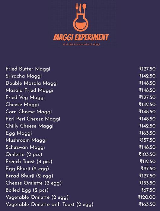 Menu of Maggi Experiment, Bommanahalli, Bangalore
