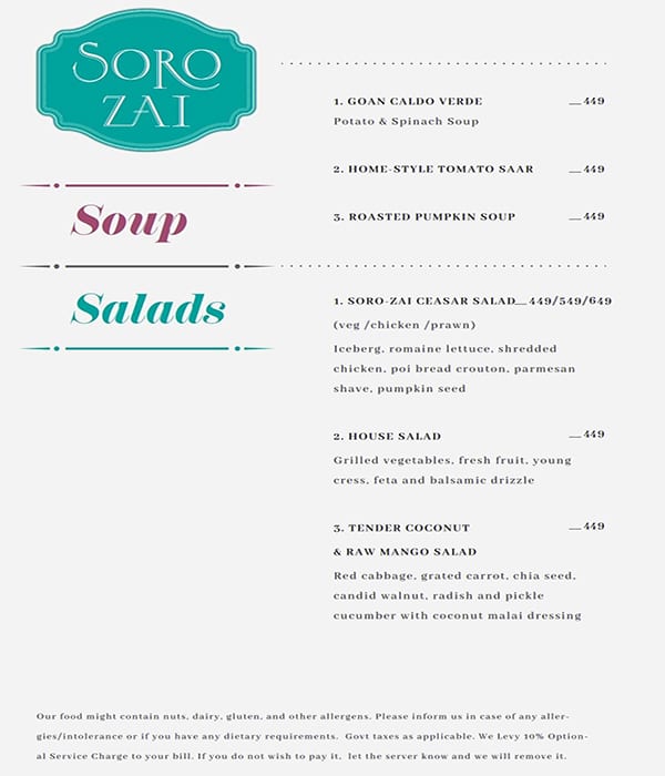 Menu of Sorozai - Goan Bar & Restaurant, Versova, Andheri West, Mumbai