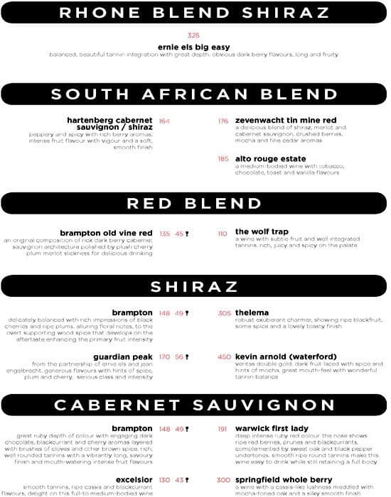 Menu au The Baron, Sandton, Western Service Rd