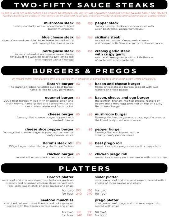 Menu au The Baron, Sandton, Western Service Rd