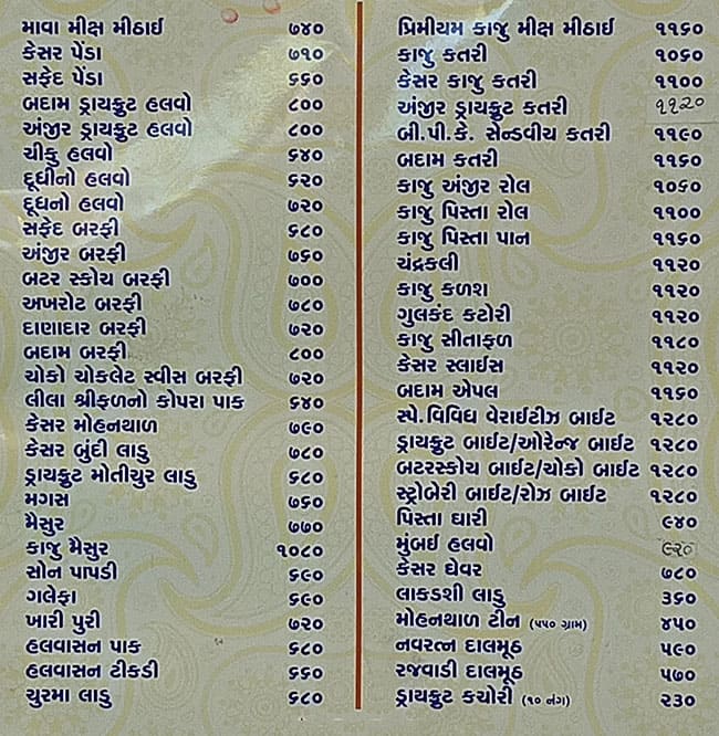 Menu of Jayhind Sweets, Navrangpura, Ahmedabad