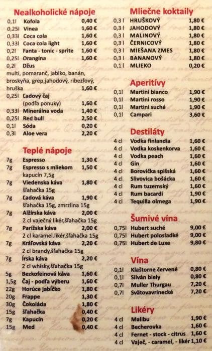 Menu at Palacinkáreň Viktoria Cafe, Bratislava